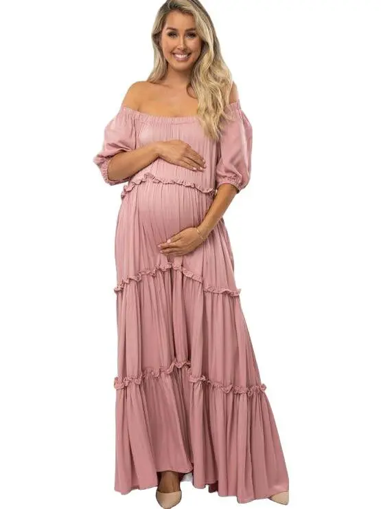 PINKBLUSH Off Shoulder Ruffle Tiered Maxi Dress - Mauve