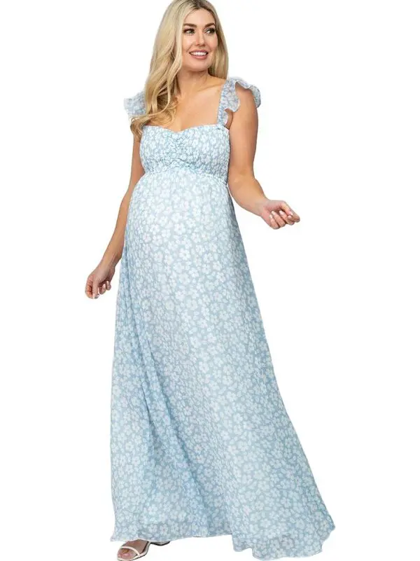 PINKBLUSH Floral Chiffon Maxi Dress - Light Blue