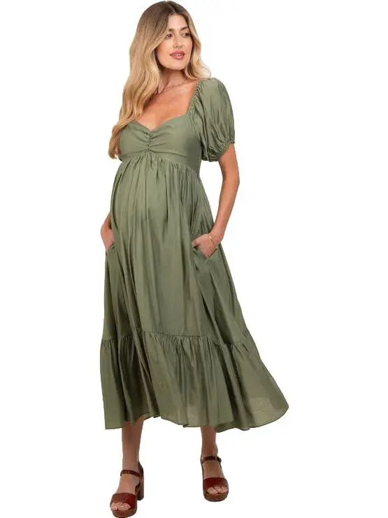 PINKBLUSH Ruched Sweetheart Neck Tiered Midi Dress - Olive Green