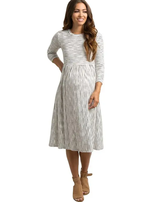 PINKBLUSH Ribbed Striped Pleated Midi Dress - Ivory