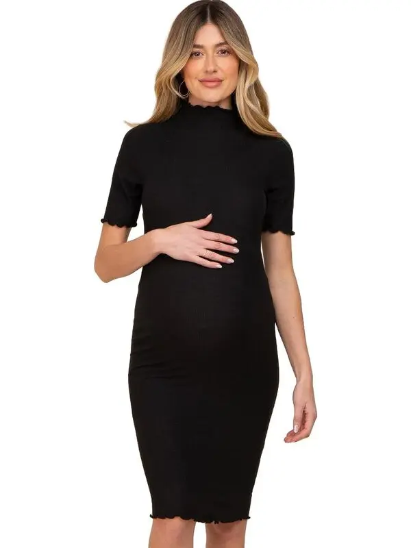 PINKBLUSH Ribbed Mock Neck Fitted Midi Dress - Black