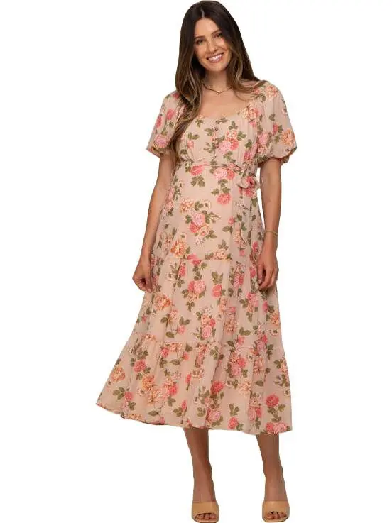 PINKBLUSH Floral Button-front Puff Sleeve Midi Dress - Pink