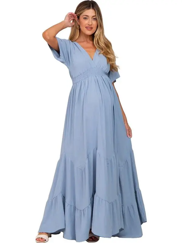 PINKBLUSH Deep V-neck Maxi Dress - Light Blue