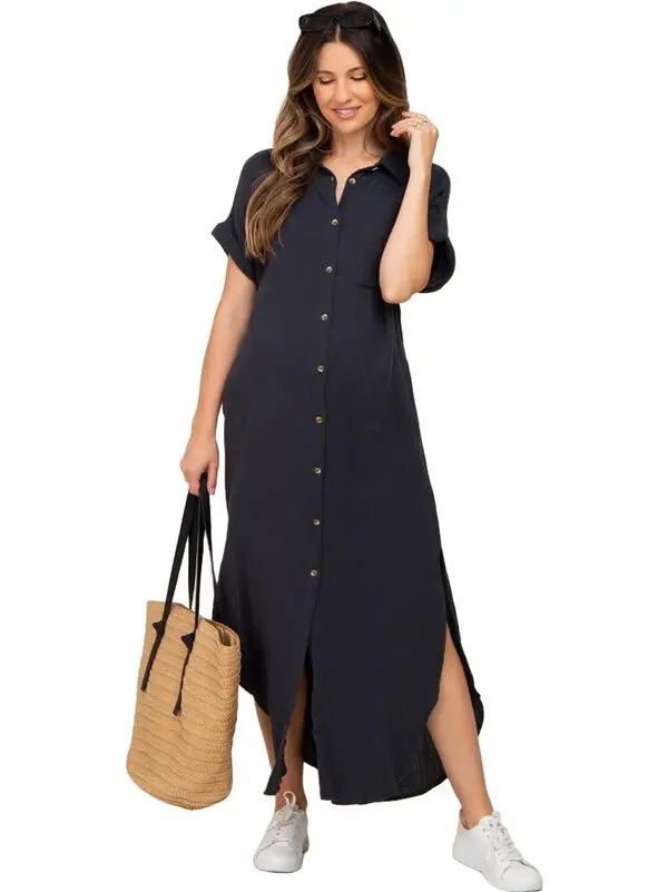 PINKBLUSH Button Down Midi Dress - Charcoal Grey