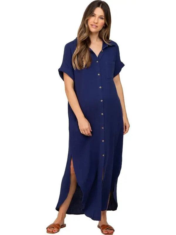 PINKBLUSH Button Down Midi Dress - Navy Blue