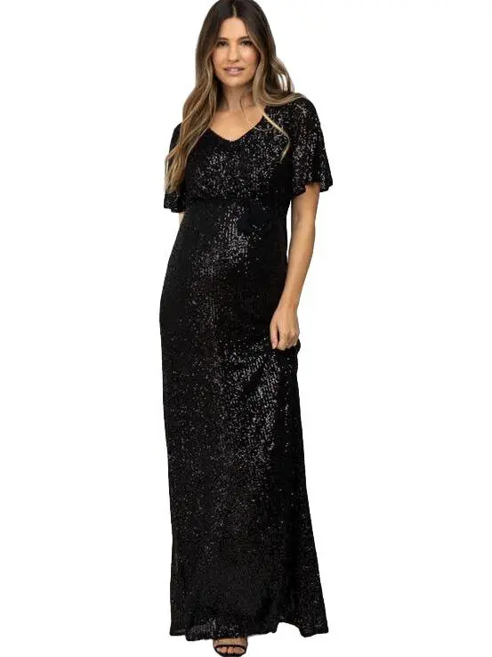 PINKBLUSH Sequin Short Sleeve Maxi Maternity Dress - Black