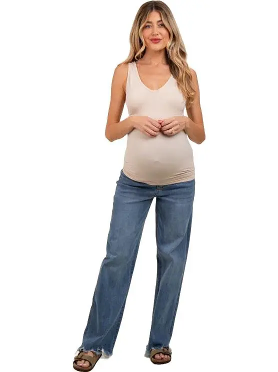 PINKBLUSH Wide Leg Distressed Hem Maternity Jeans - Blue