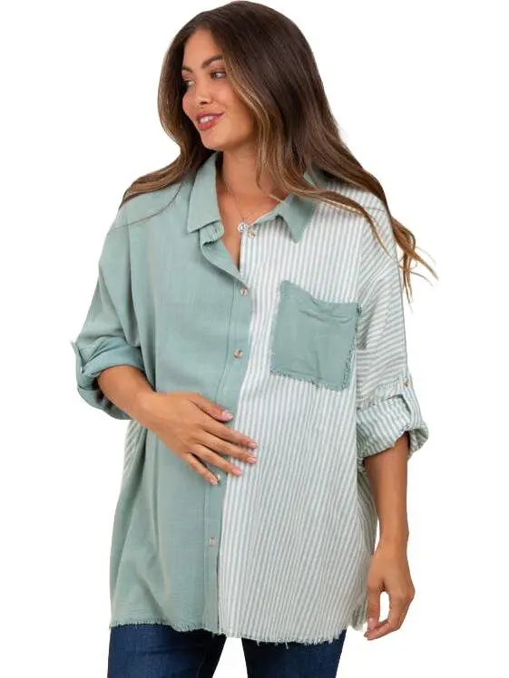 PINKBLUSH Colorblock Stripe Oversized Button Down - Light Olive