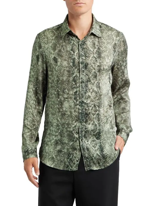 OPEN EDIT Snakeskin Print Satin Button-up Shirt - Black- Grey Slither Stripe