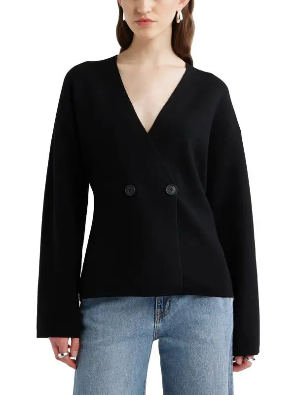 Nordstrom Double-breasted Merino Wool-blend Cardigan - Black