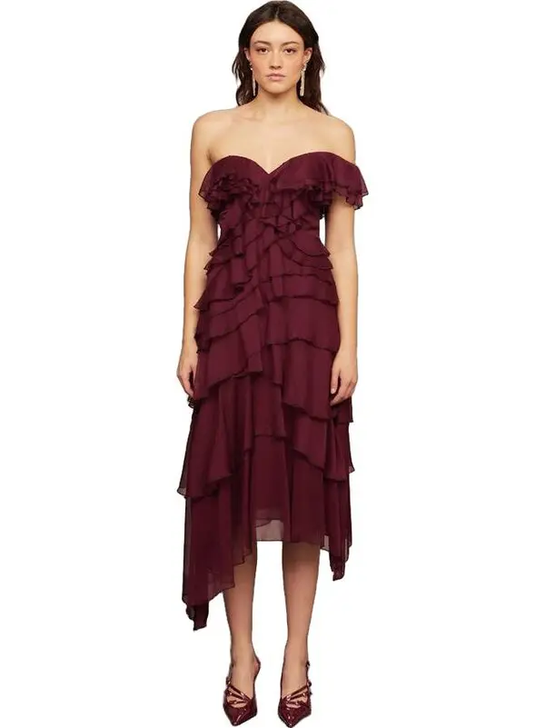 AMUR Emaline Chiffon Cascade Midi Dress - Pinot Noir
