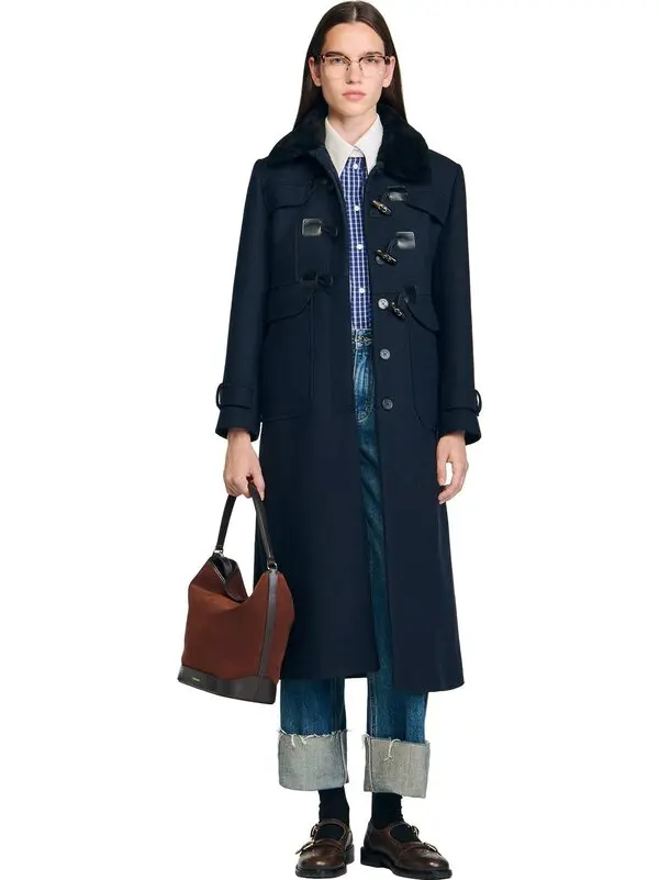 Sandro Long Coat With Removable Shearling Collar - Navy Blue