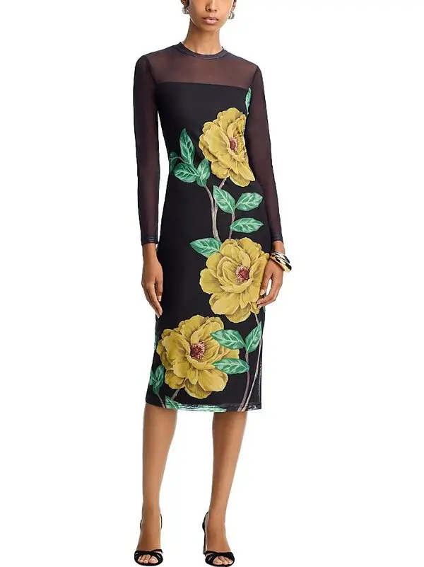 Aqua Mesh Floral Midi Dress - Navy Multi