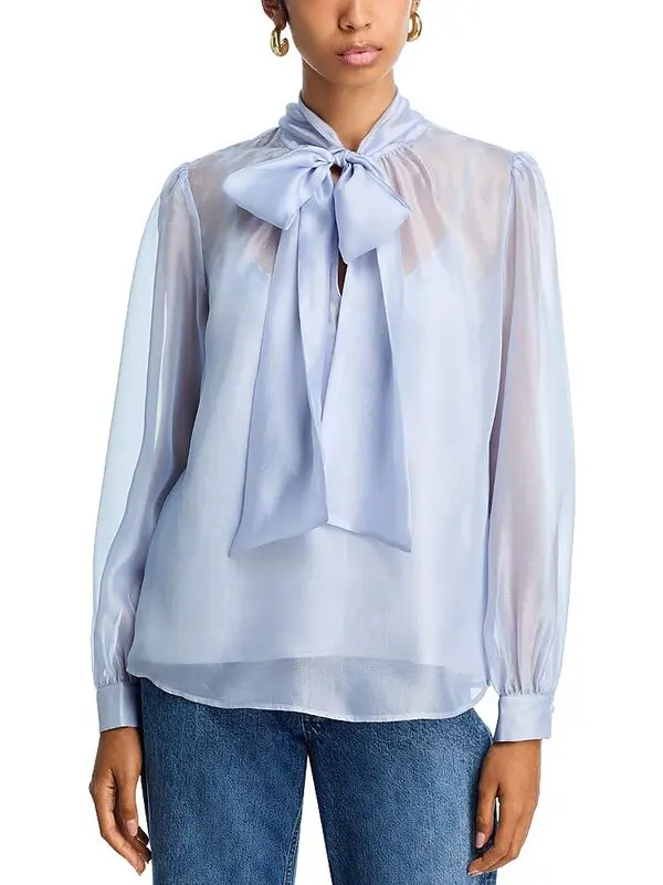 Aqua Tie Neck Long Sleeve Top - Gray Blue