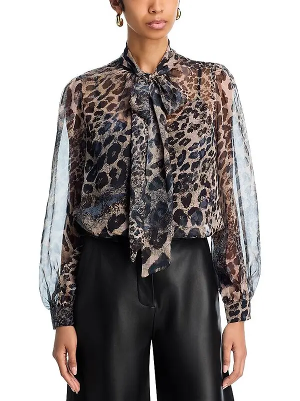 Aqua Leopard Print Tie Neck Top - Brown Multi