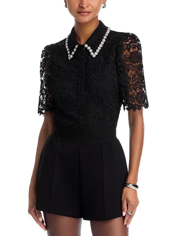 Aqua Embellished Collar Lace Blouse - Black
