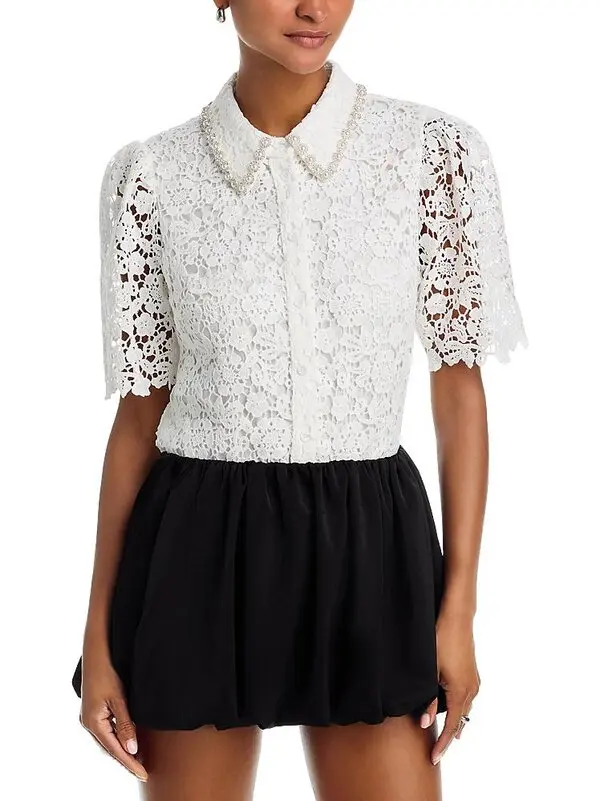 Aqua Embellished Collar Lace Blouse - White