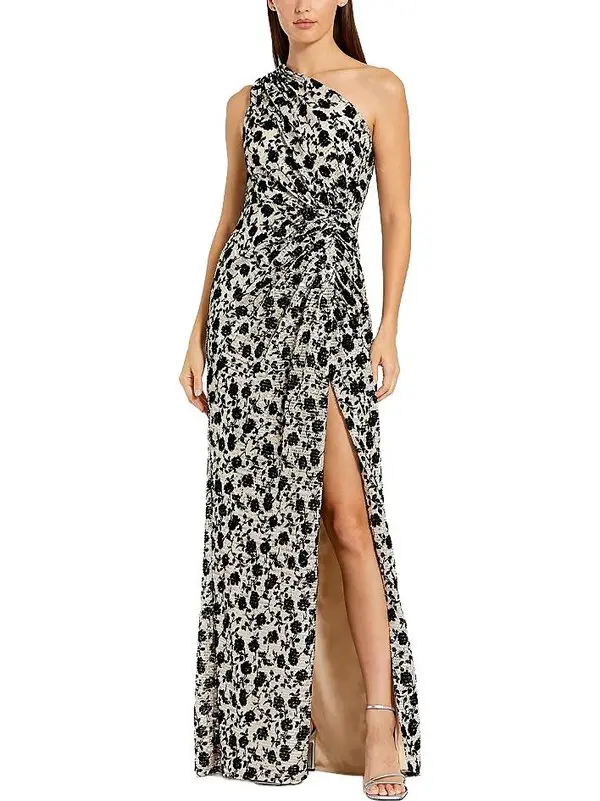 Mac Duggal Floral Sequin One Shoulder Column Gown With Slit - Champagne