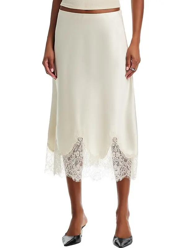 Aqua Lace Trim Satin Midi Slip - Champagne