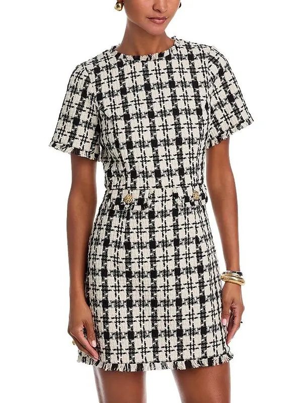 Aqua Short Sleeve Tweed Shift Dress With Pockets - White/black