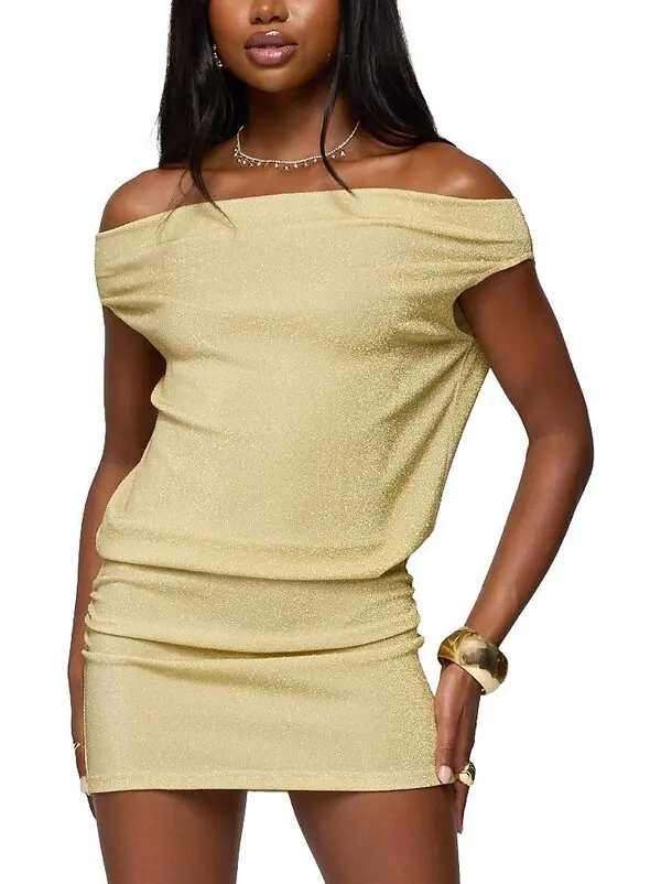 EDIKTED Eris Metallic Off Shoulder Mini Dress - Gold
