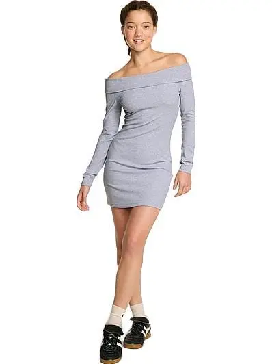 Pink All-day Soft Rib Off-the-shoulder Mini Dress - Grey