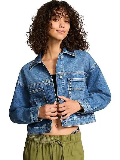 Pink Denim Cropped Trucker Jacket - Blue