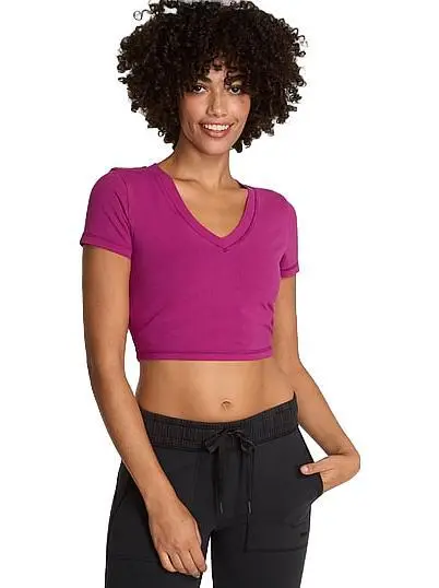 Pink All-day Cotton V-neck Cropped Tee - Pink