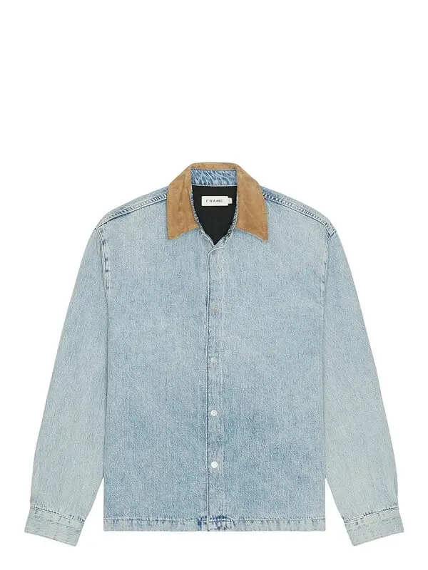 FRAME Suede Collar Denim Overshirt In Blue - Esme