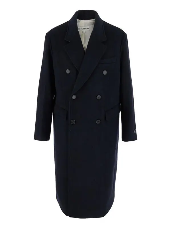 AFTER PRAY Double-breasted Wool-blend Coat With Logo - Blue