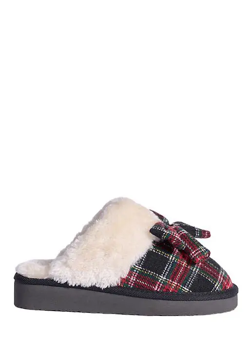 Minnetonka Bow Scuff Slide Slippers - Black Plaid