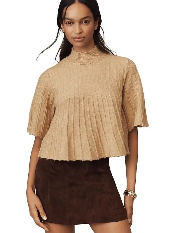 Maeve Short-sleeve Mock-neck Swing Sweater - Camel