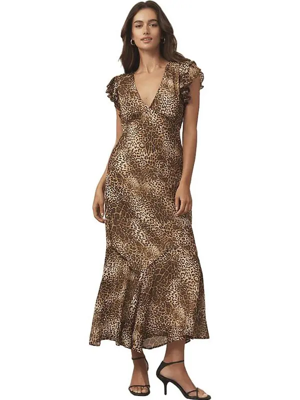 Bhldn Flutter-sleeve Plunge Maxi Dress - Cheetah