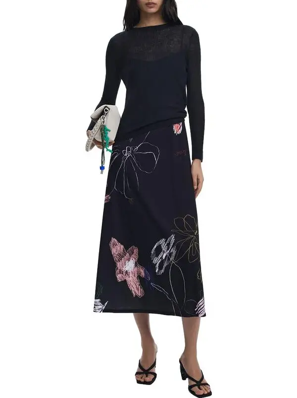Desigual Mixed Media Long Sleeve Midi Dress - Black