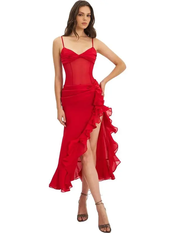 MISS CIRCLE Ruched Waist High Slit Maxi Dress - Red