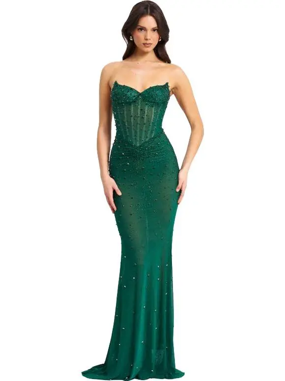 MISS CIRCLE Crystal Sleeveless Corset Mermaid Maxi Dress - Green