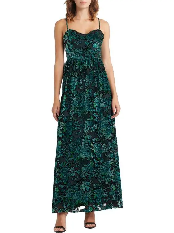 Lulus Minka Floral Velvet Burnout Gown - Emerald Multi