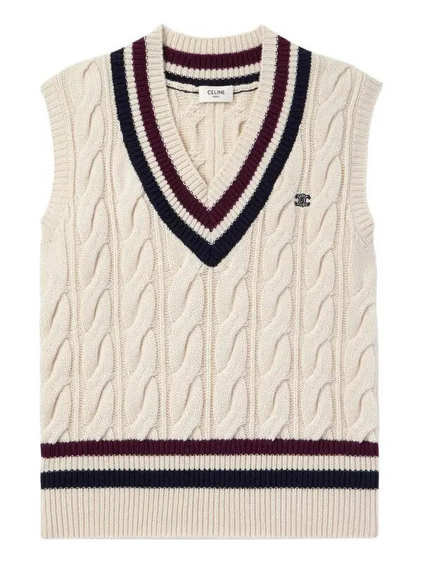 Celine Logo-appliquéd Cable-knit Cashmere Sweater Vest - Neutrals
