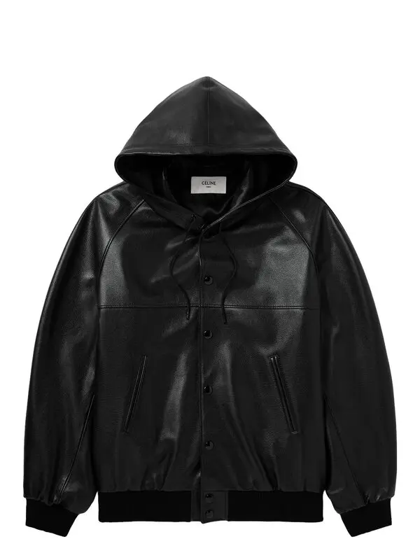 Celine Logo-embossed Full-grain Leather Hooded Bomber Jacket - Black