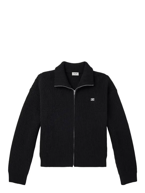 Celine Logo-embroidered Ribbed Wool Cardigan - Black