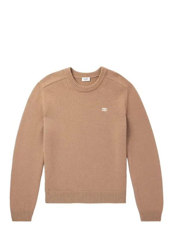 Celine Logo-embroidered Wool And Cashmere-blend Sweater - Brown