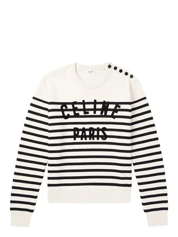Celine Striped Cotton Sweater With Logo - Neutrals