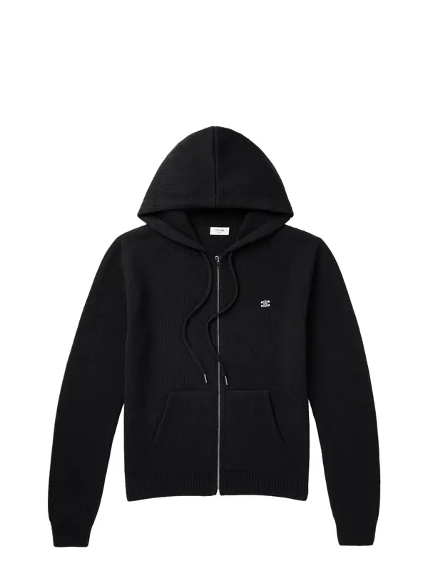 Celine Logo-embroidered Wool And Cashmere-blend Hoodie - Black