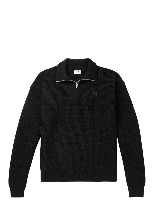 Celine Logo-embroidered Ribbed Wool Half-zip Sweater - Black