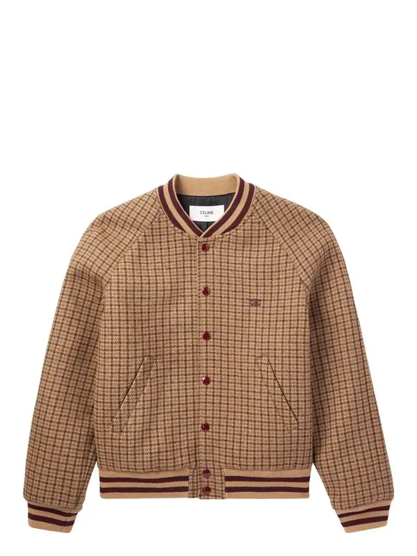 Celine Logo-embroidered Checked Wool Bomber Jacket - Brown