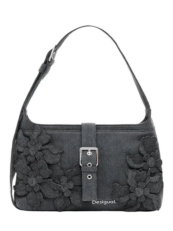 Desigual Flower Appliqué Denim Shoulder Bag - Dark Gray