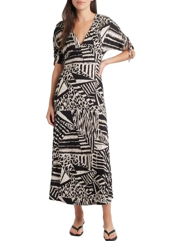 Loveappella Ruched Sleeve Empire Waist Maxi Dress - Brown