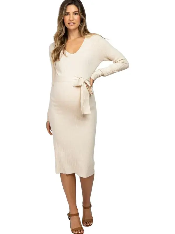 PINKBLUSH Tie Front Maternity Sweater Midi Dress - Beige