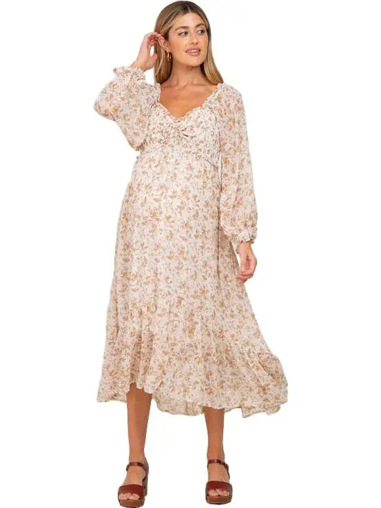 PINKBLUSH Floral Chiffon Ruffle Maxi Dress - Ivory