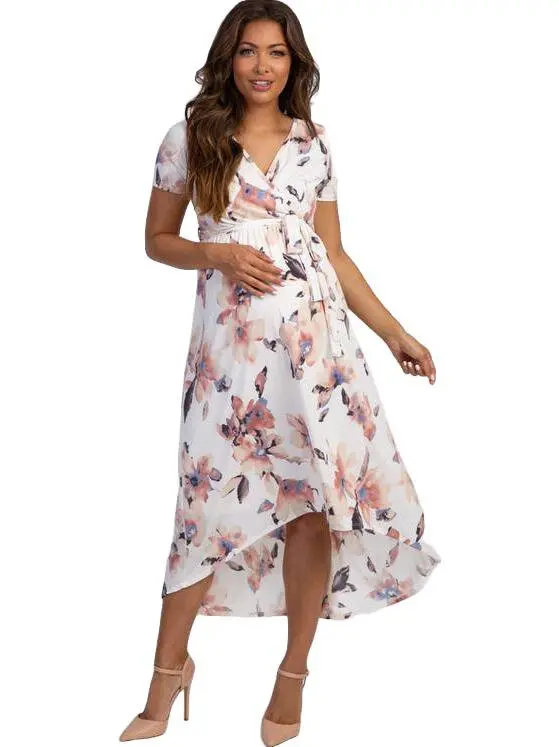PINKBLUSH Floral Hi-low Maternity Wrap Dress - Ivory